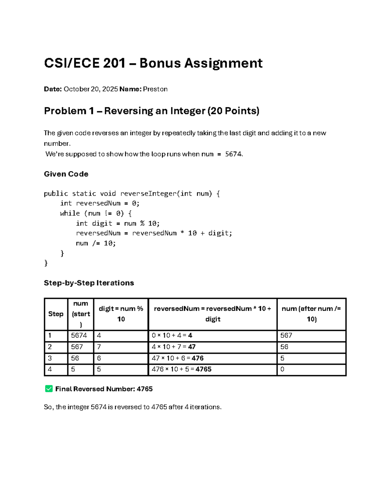 Bonus Assignment: Reversing an Integer (201) - Studocu