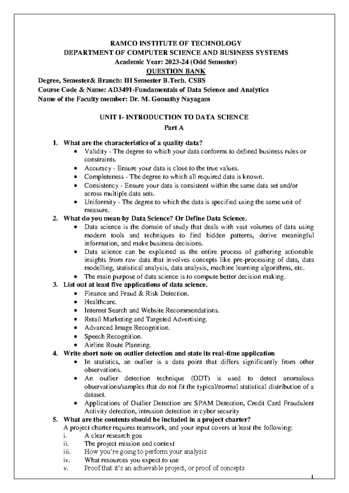 AD3491-Fundamentals of Data Science and Analytics-Unit 1-Two Mark Questions - Studocu