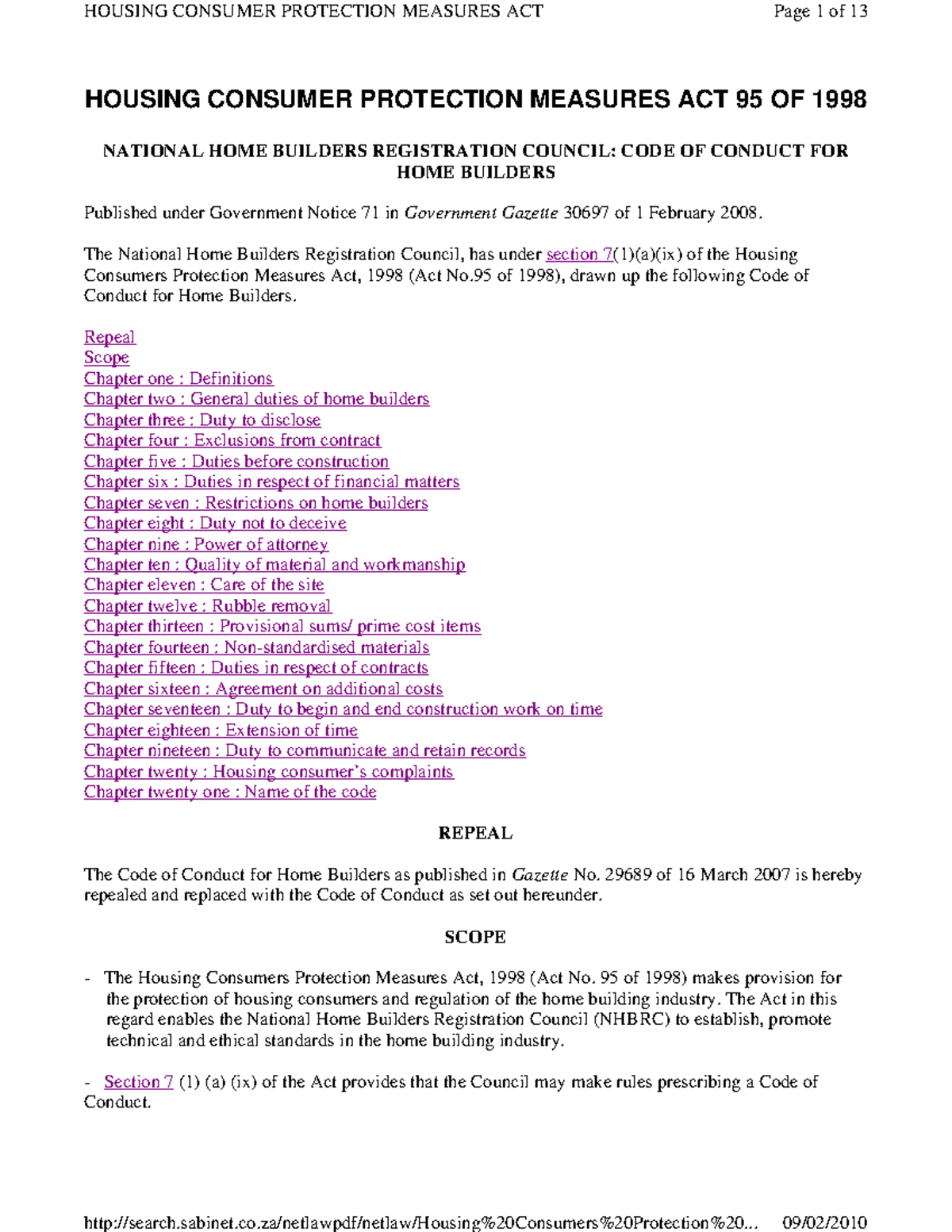 NHBRC Code of Conduct for Home Builders: Housing Consumer Protection ...