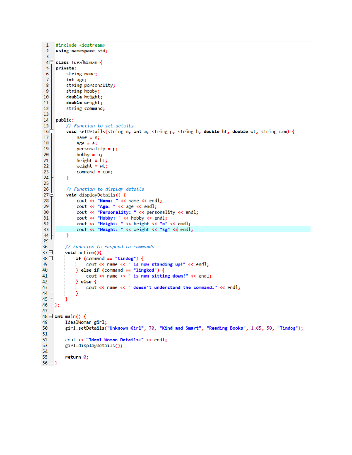 CS101: Function Sample Program for IdealWoman Class in C++ - Studocu