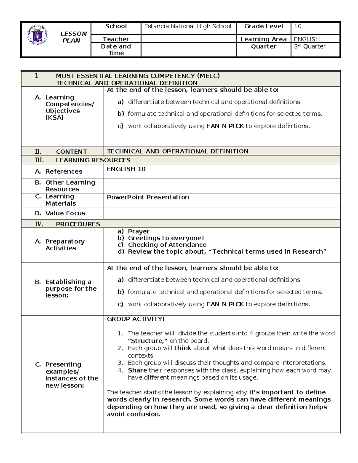Technical and Operational Definitions: Lesson for English 10 - Studocu