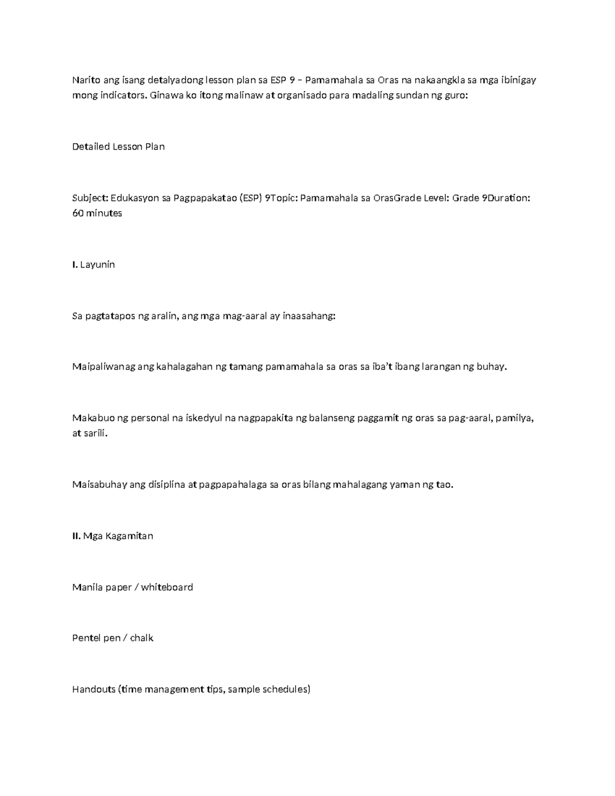Detailed Lesson Plan: ESP 9 Pamamahala sa Oras - Studocu