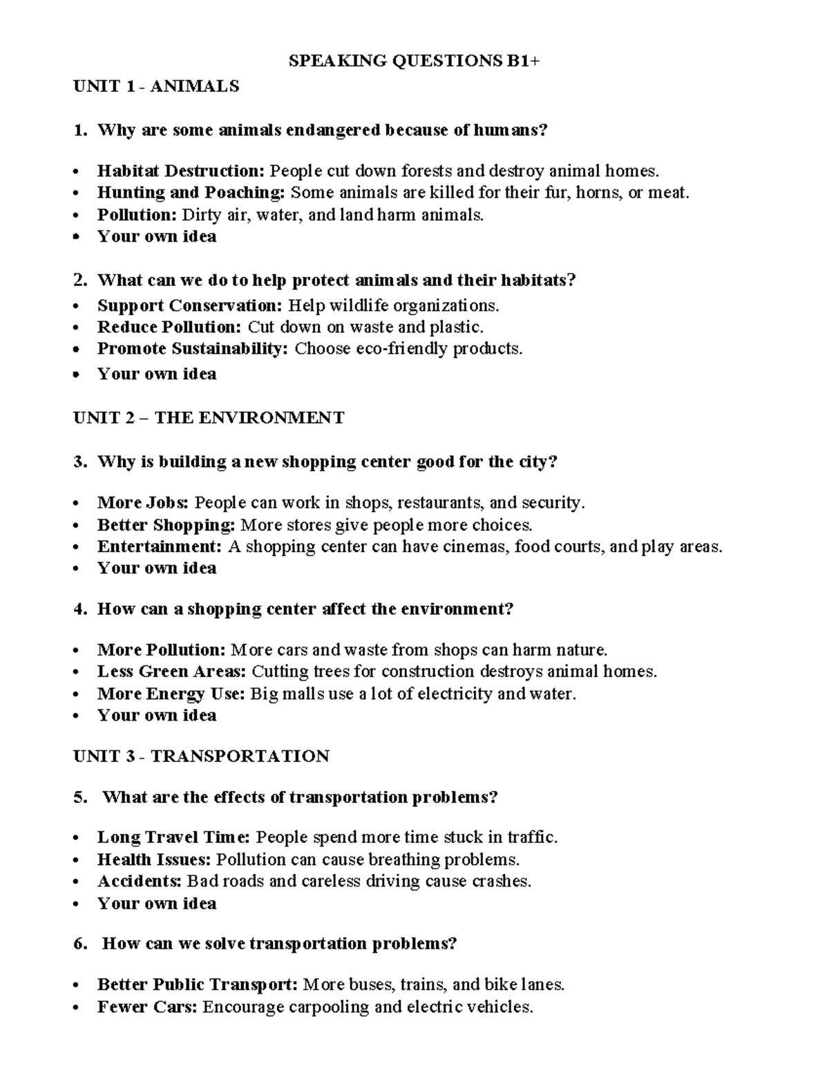 Speaking B1+ Unit 1-6 Questions on Animals, Environment, and Health ...