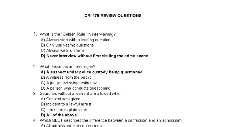 CRI 176 Final Exam Review Questions on Criminal Law - Studocu