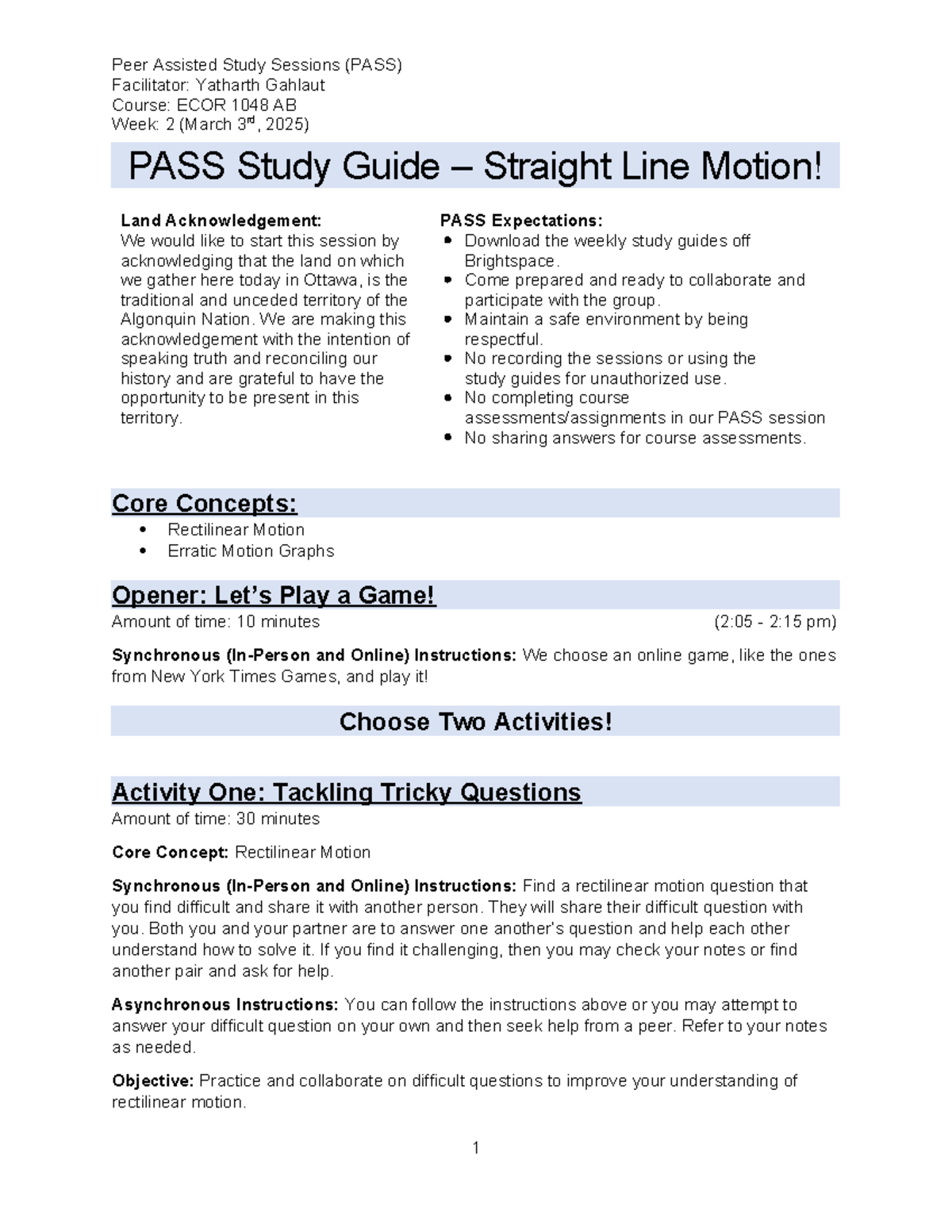 ECOR 1048 AB - Week 2 PASS Study Guide: Straight Line Motion - Studocu