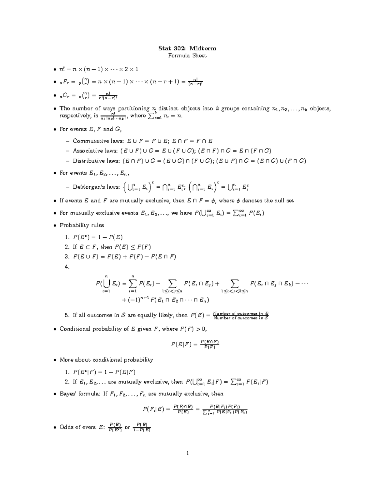 Stat 302: Midterm & Final Exam Cheatsheet for Key Probability Concepts ...