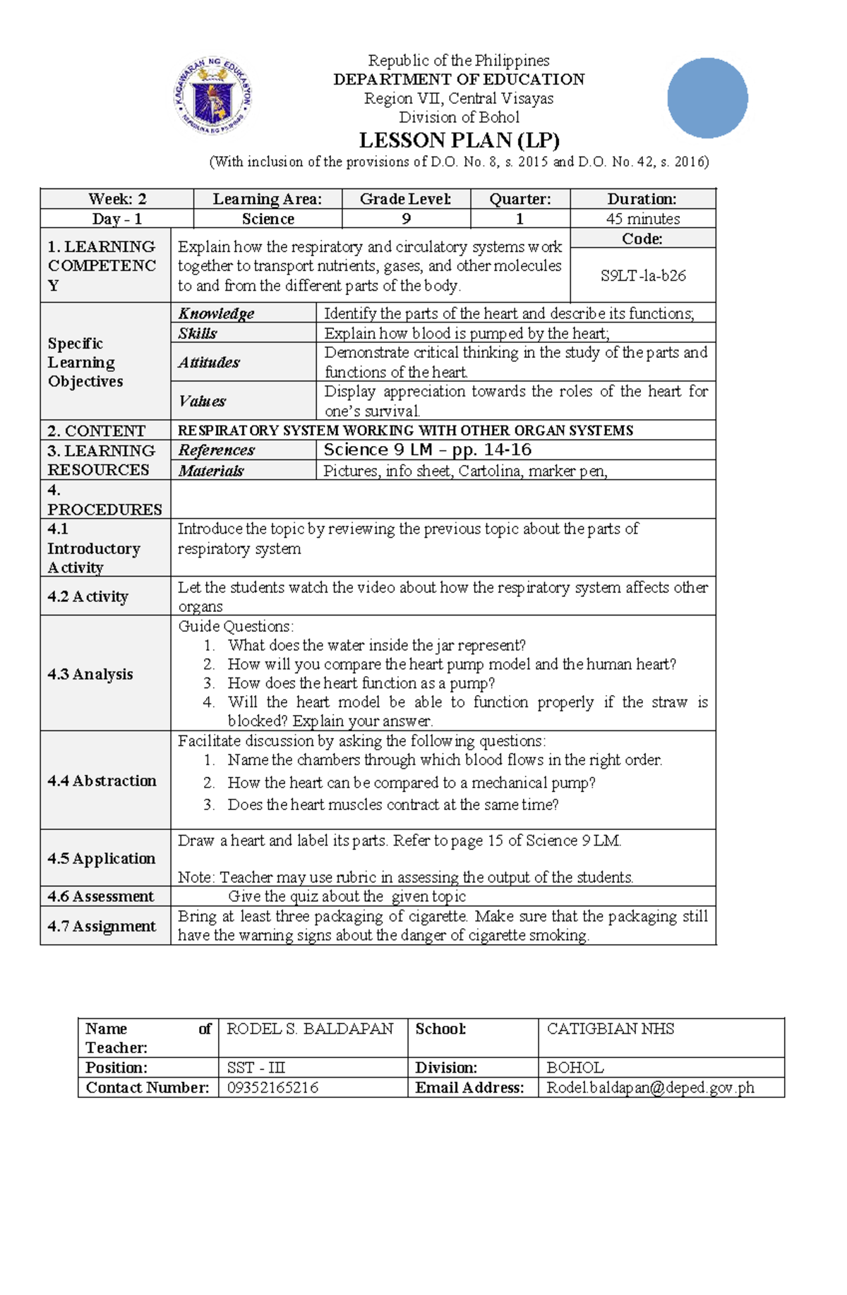 Science 9 Lesson Plan: Respiratory & Circulatory Systems (Q1 W2 D1 ...