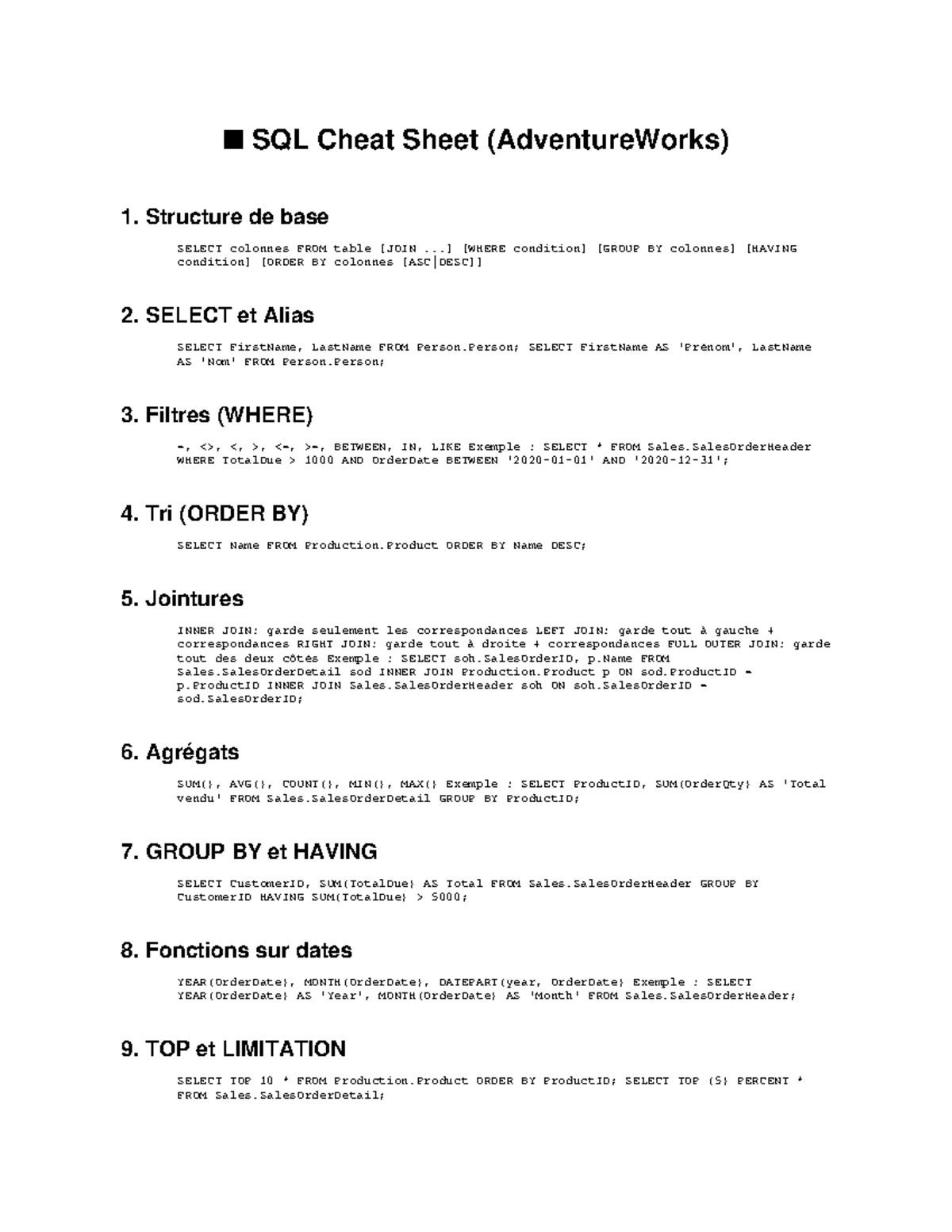 SQL Cheat Sheet (AdventureWorks) - Aide Mémoire Complet - Studocu