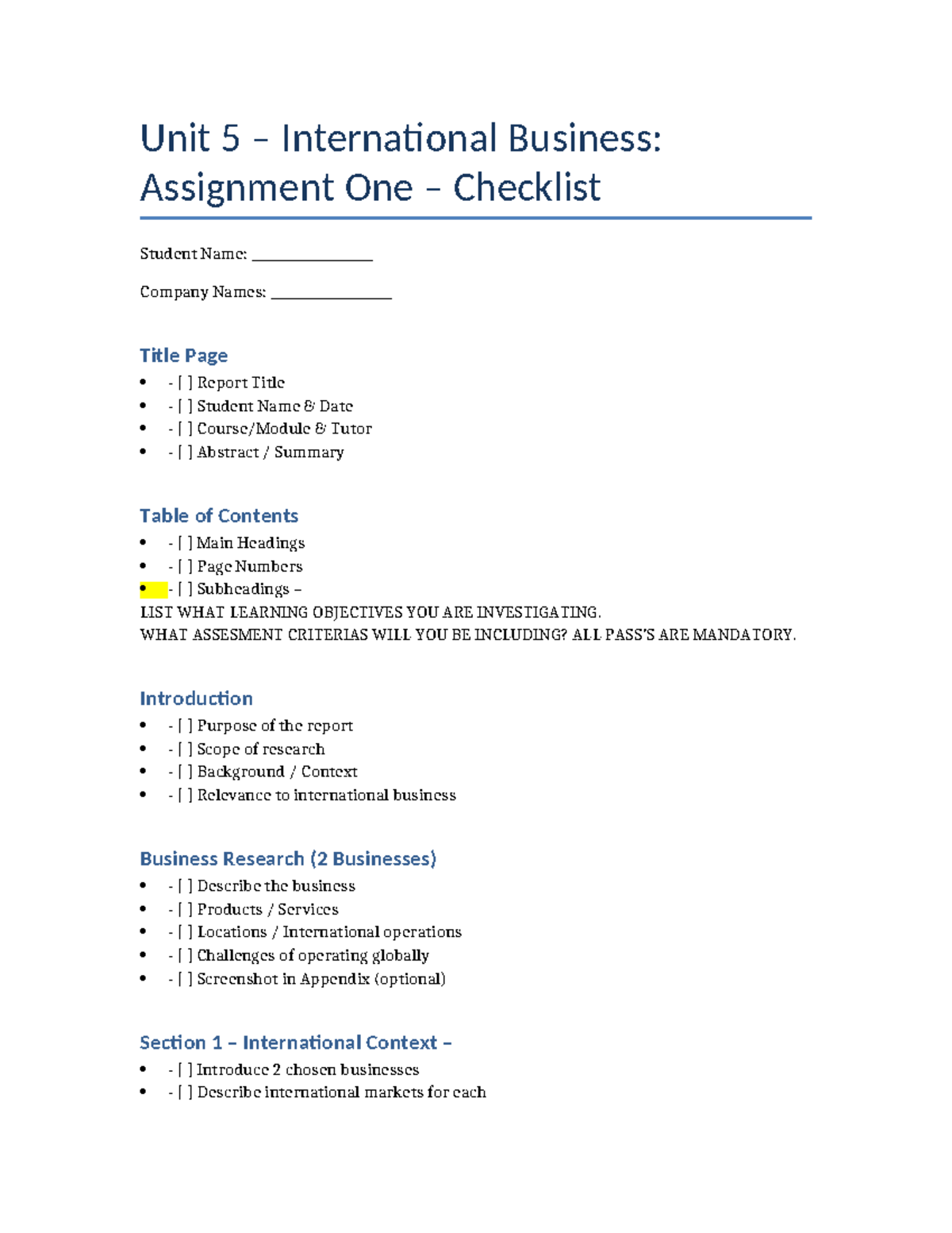 Unit 5 International Business: Assignment One Checklist - Studocu