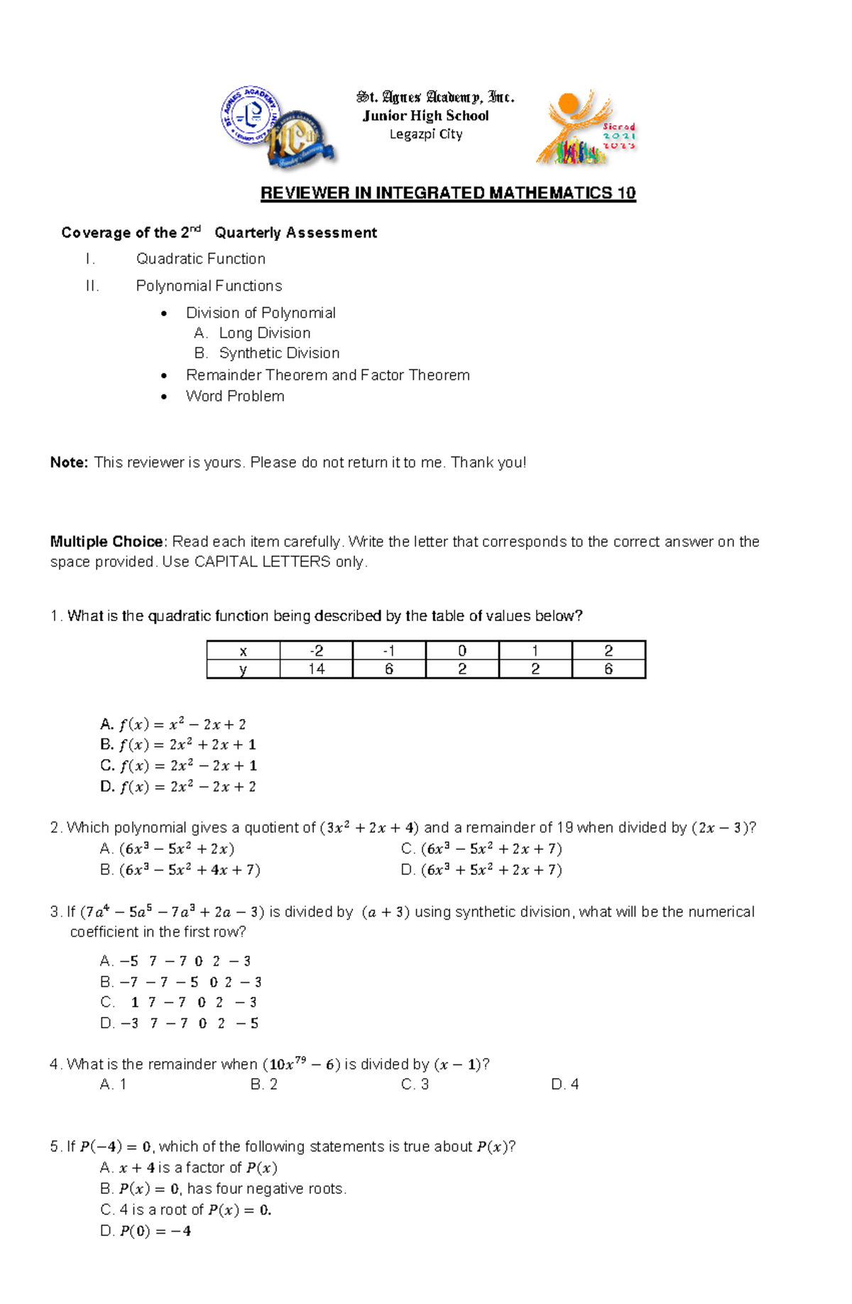 G10 2nd Q Review Material SY 22-23 - St. Agnes Academy, Inc. Junior ...
