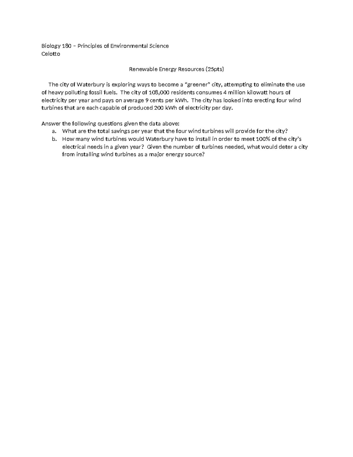 Biology 180 Renewable Energy Resources: Waterbury Wind Energy HW - Studocu