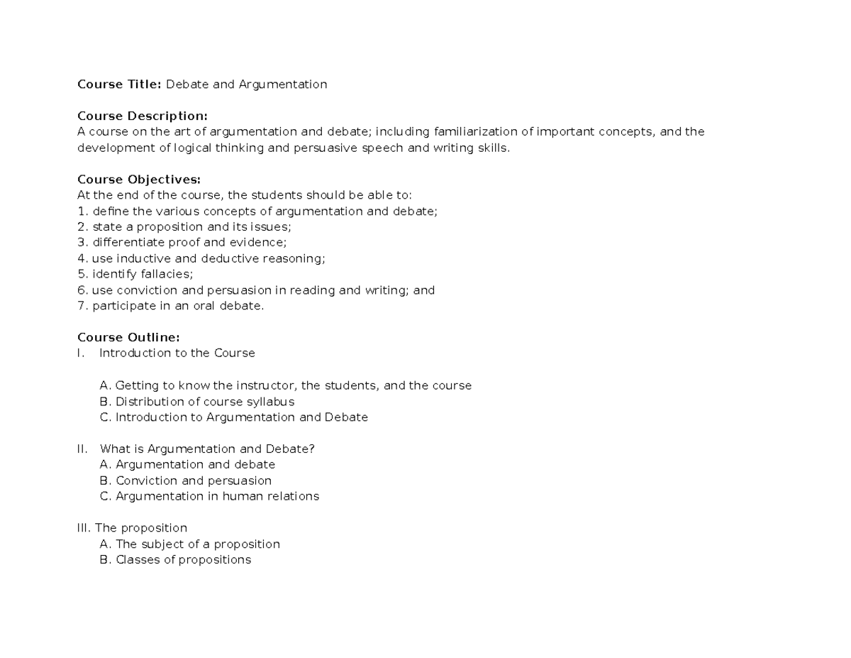 Debate and Argumentation Syllabus (Course Code: DA101) - Studocu