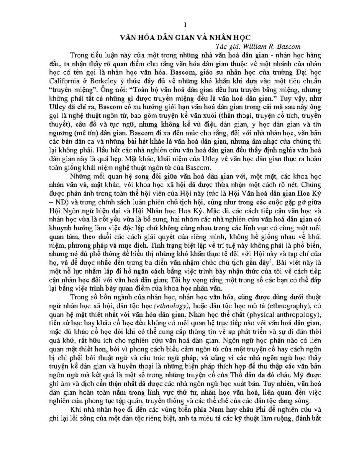 VĂN HÓA DÂN GIAN VÀ NHÂN HỌC - TÁC PHẨM CỦA WILLIAM R. BASCOM - Studocu