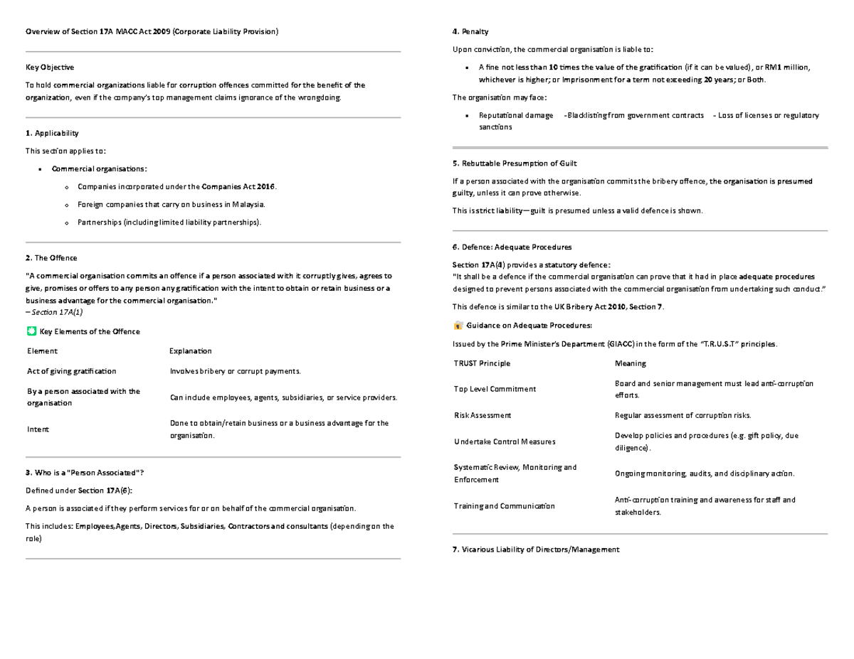 Overview of Section 17A MACC Act 2009: Corporate Liability Insights ...