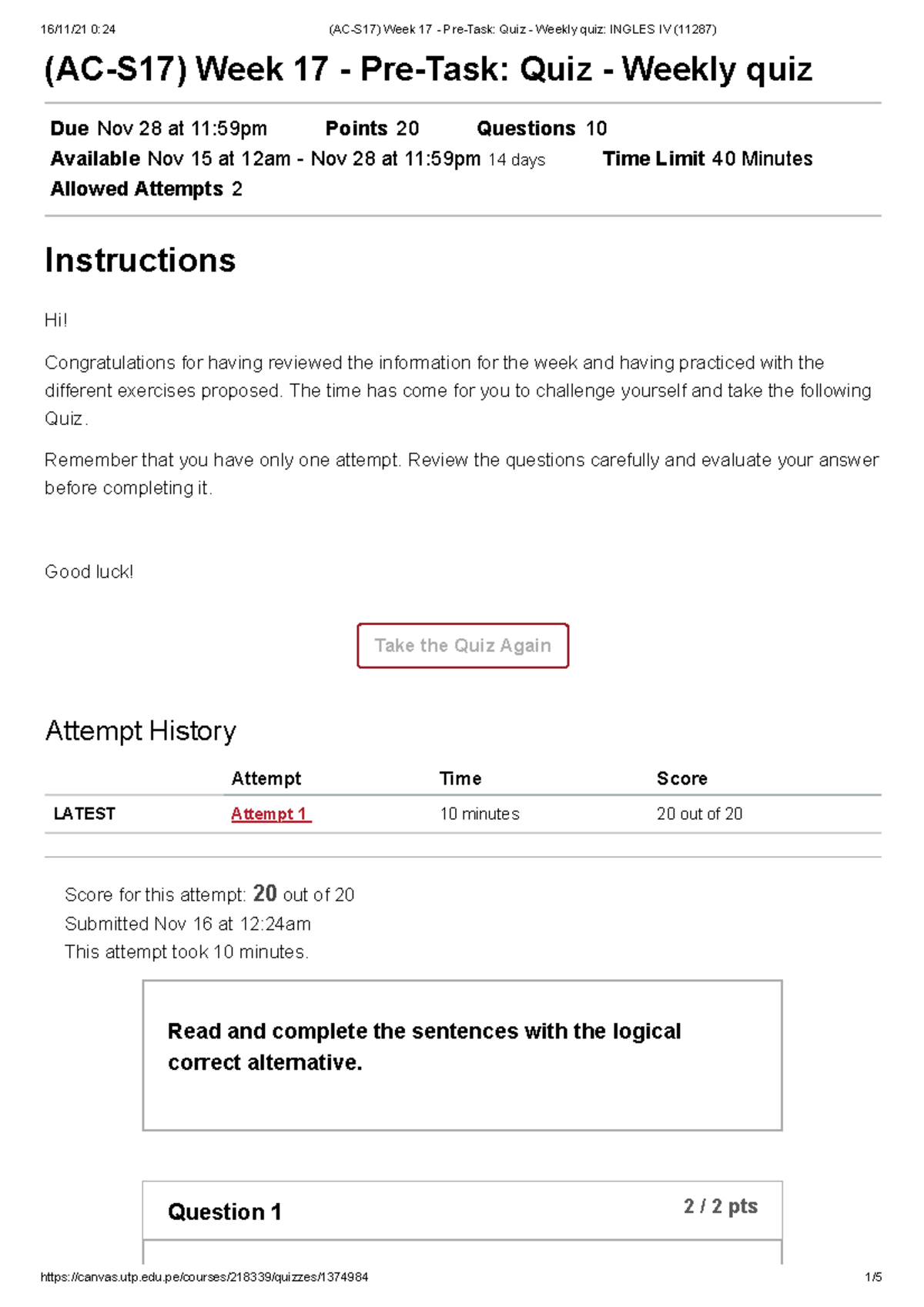 (AC-S17) Week 17 - Pre-Task Quiz - Weekly quiz Ingles IV (11287) - (AC ...