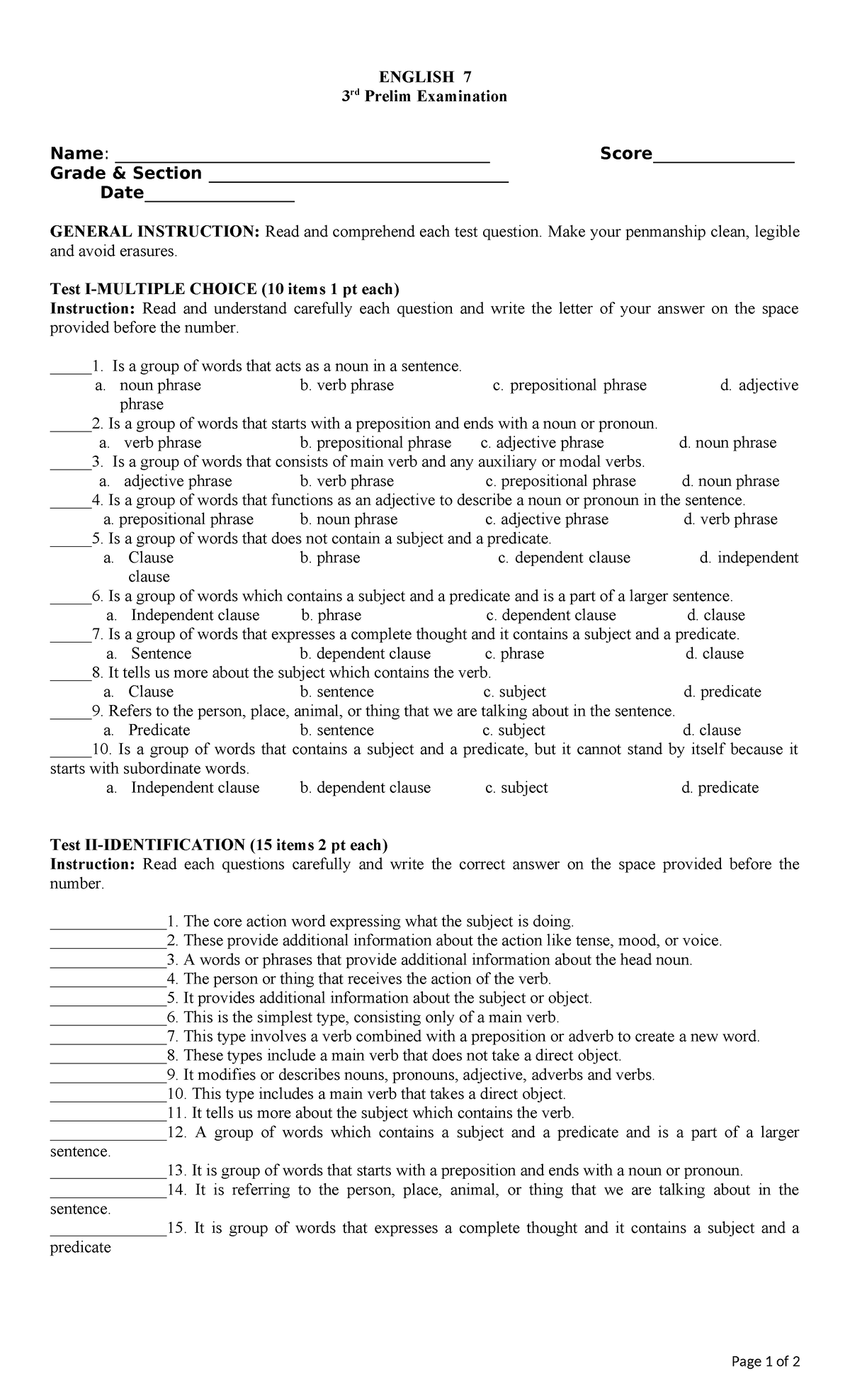ENGLISH 7 3 Prelim Exam: Understanding Phrases and Clauses - Studocu