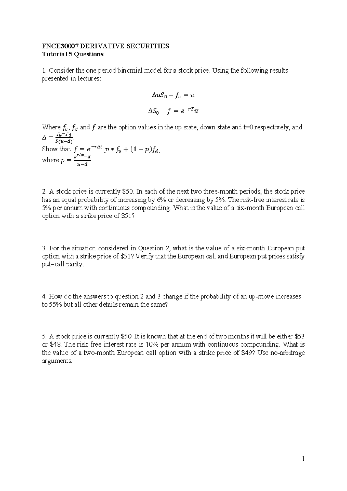 DERIVATIVE SECURITIES Tutorial 5: Binomial Model Questions - Studocu