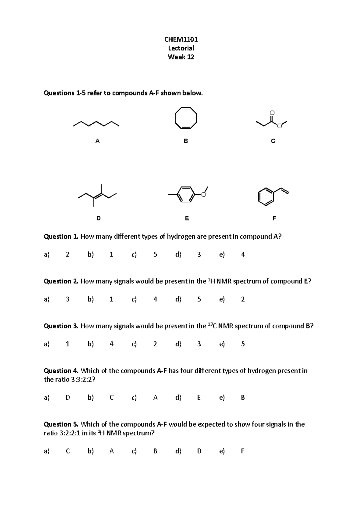 2024 Week 12 Lectorial questions - CHEM Lectorial Week 12 Questions 1 ...