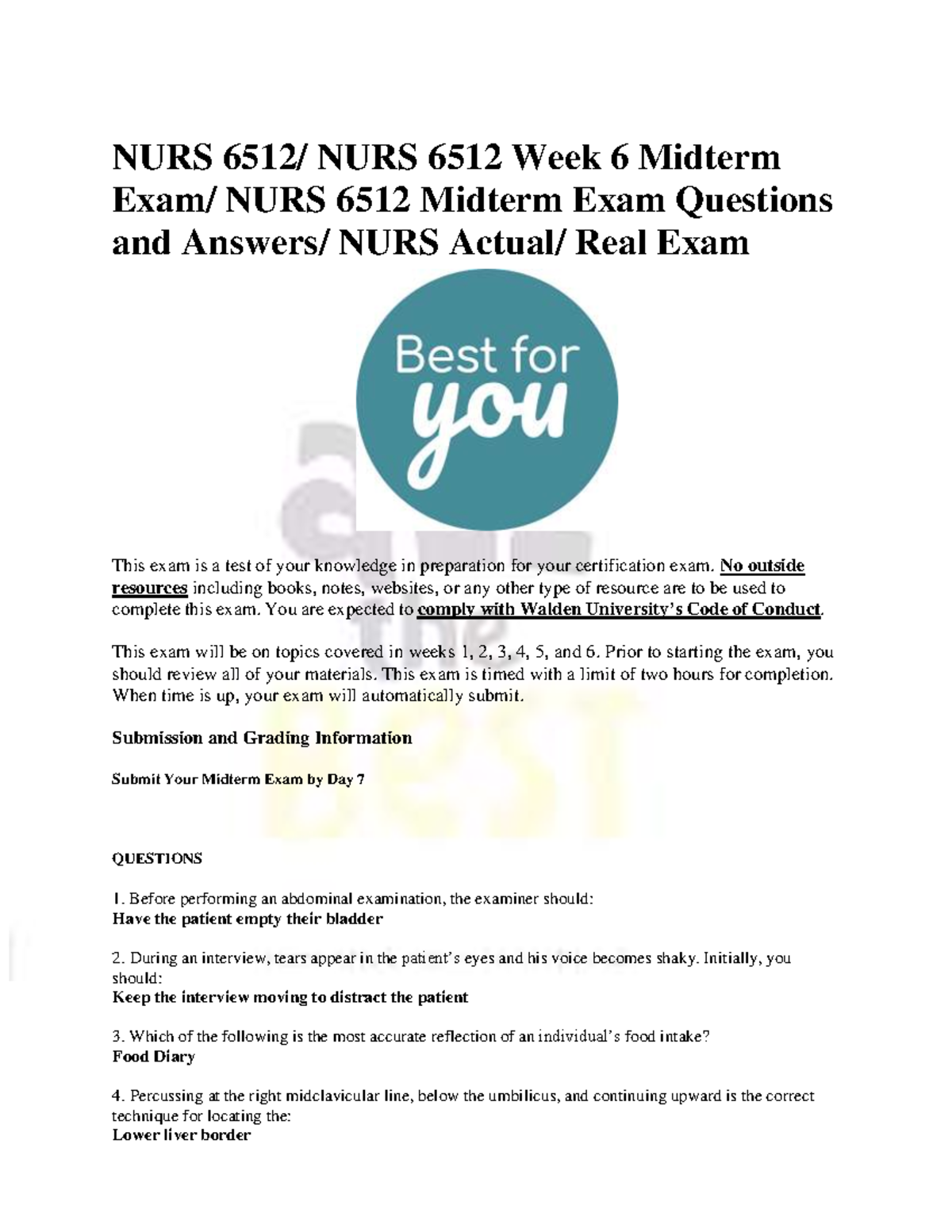 NURS 6512 WEEK 6 Midterm EXAM QUIZ Correct - NURS 6512/ NURS 6512 Week 6 Midterm Exam/ NURS 6512 ...