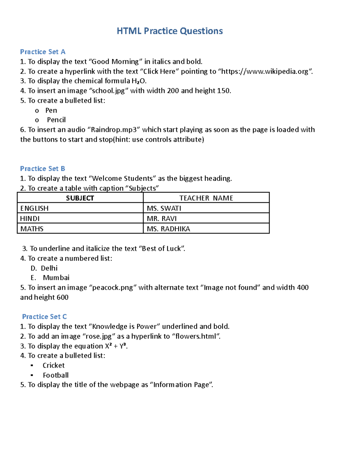 HTML Practice Question Sets: Practice Set A to E - Studocu