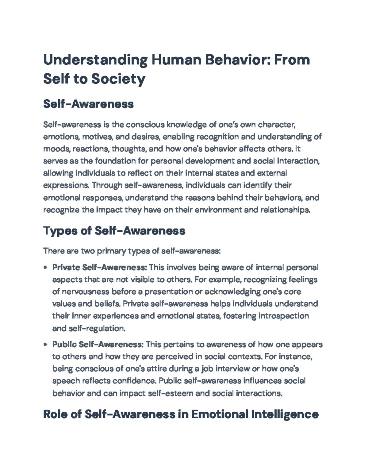 Understanding Human Behavior: Self-Awareness & Morality Insights - Studocu