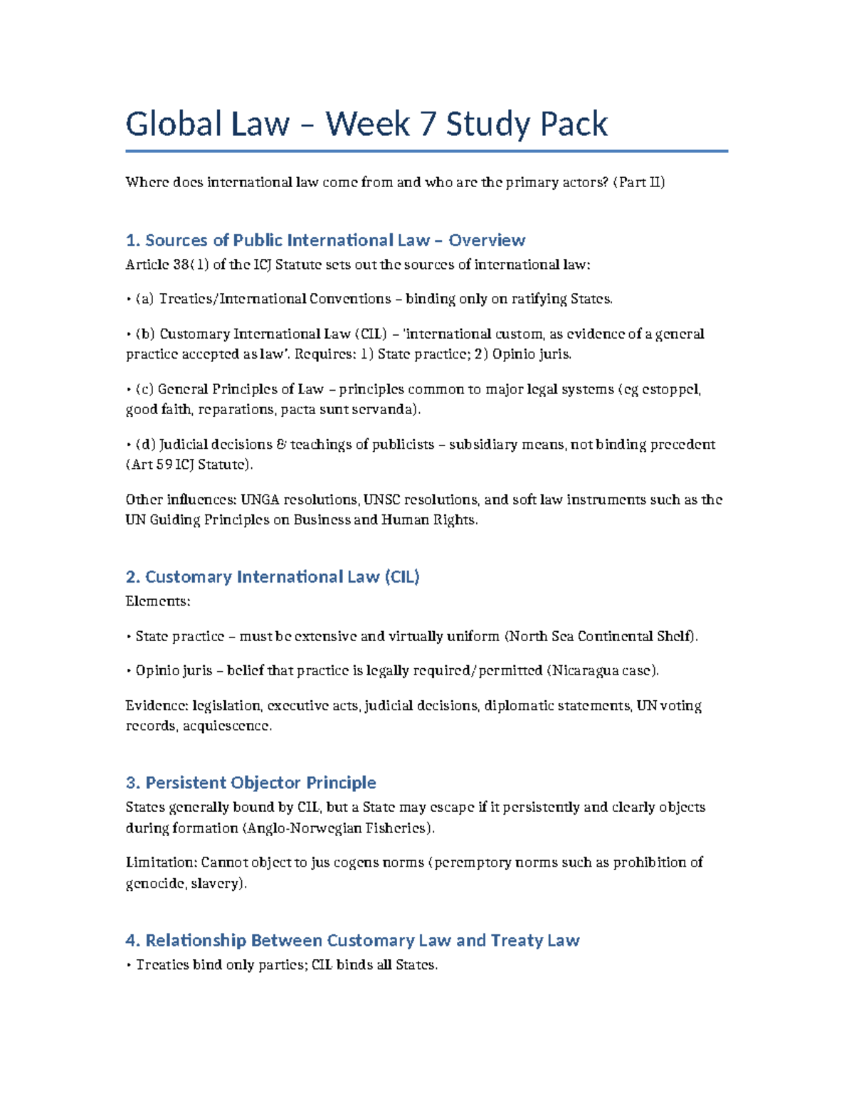 Global Law (LAW101) Week 7 Study Pack: Sources & Actors in Int'l Law ...