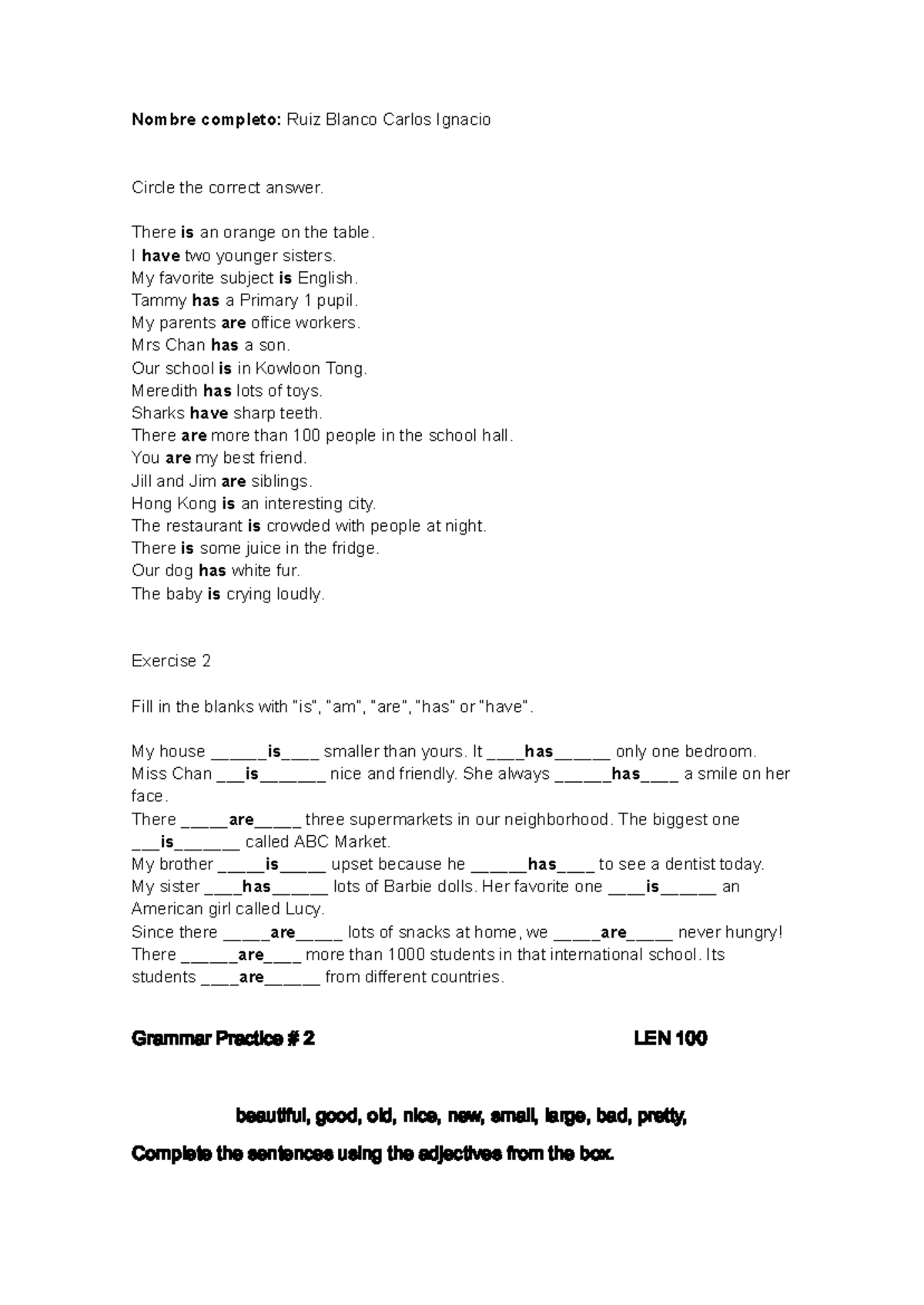 Grammar Practice: Inglés - Fill in the Blanks & Correct Answers - Studocu