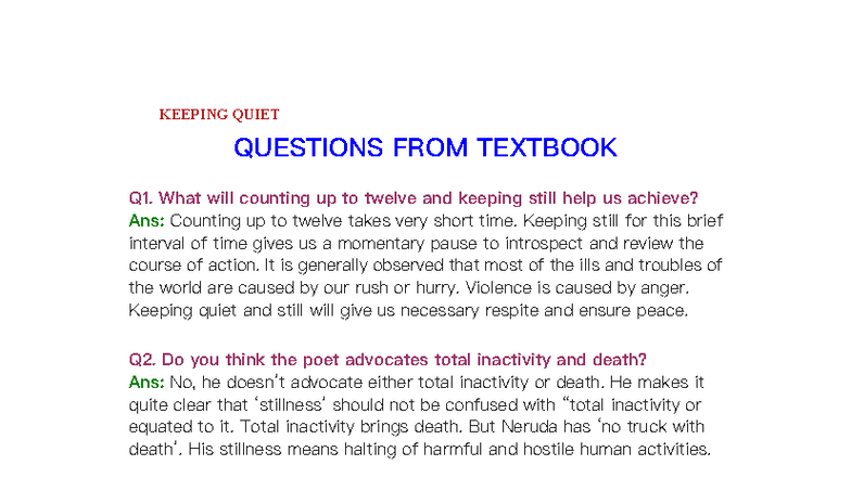 Keeping Quiet - Notes on Pablo Neruda's Poem Analysis - Studocu
