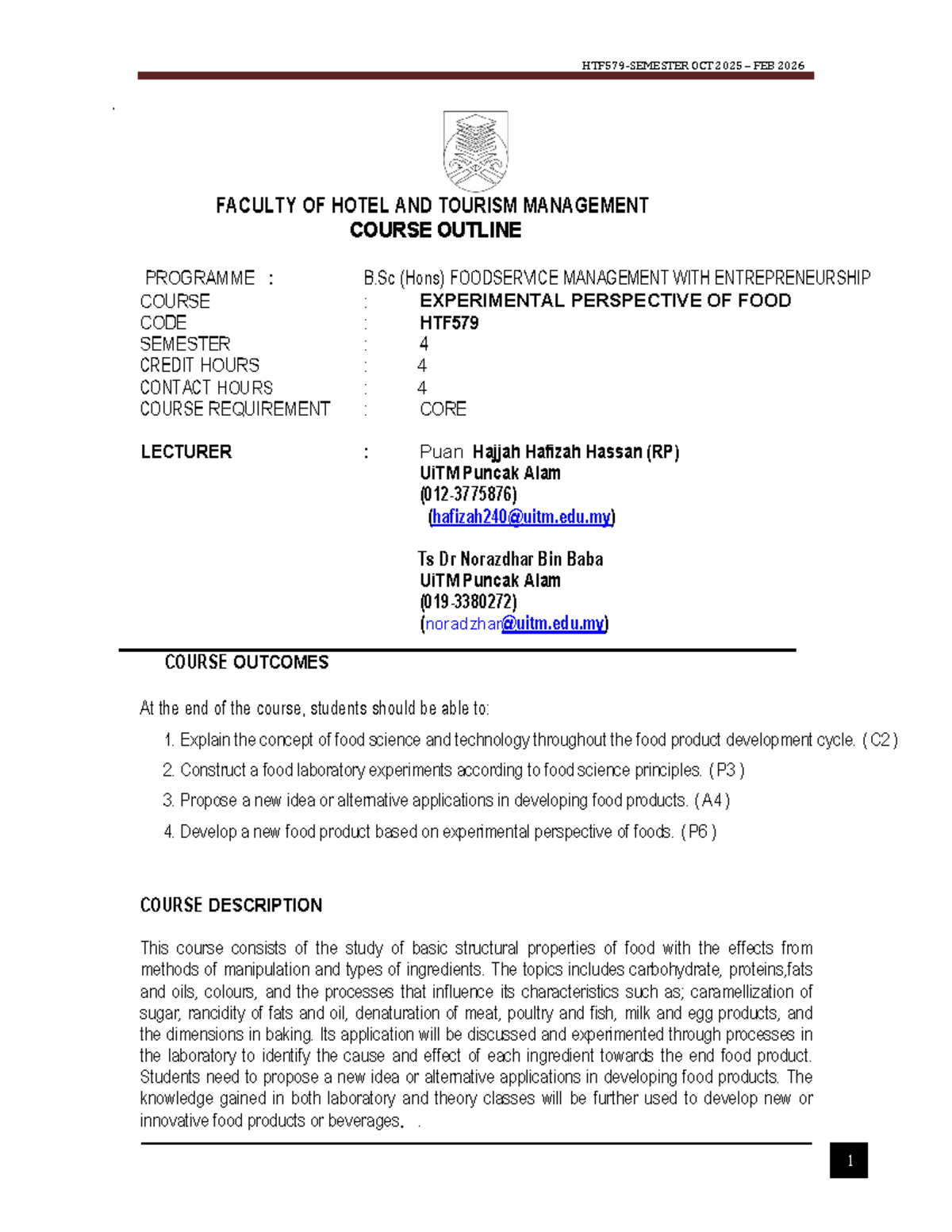 HTF579 Course Outline: Foodservice Management (Oct 2025 - Feb 2026 ...