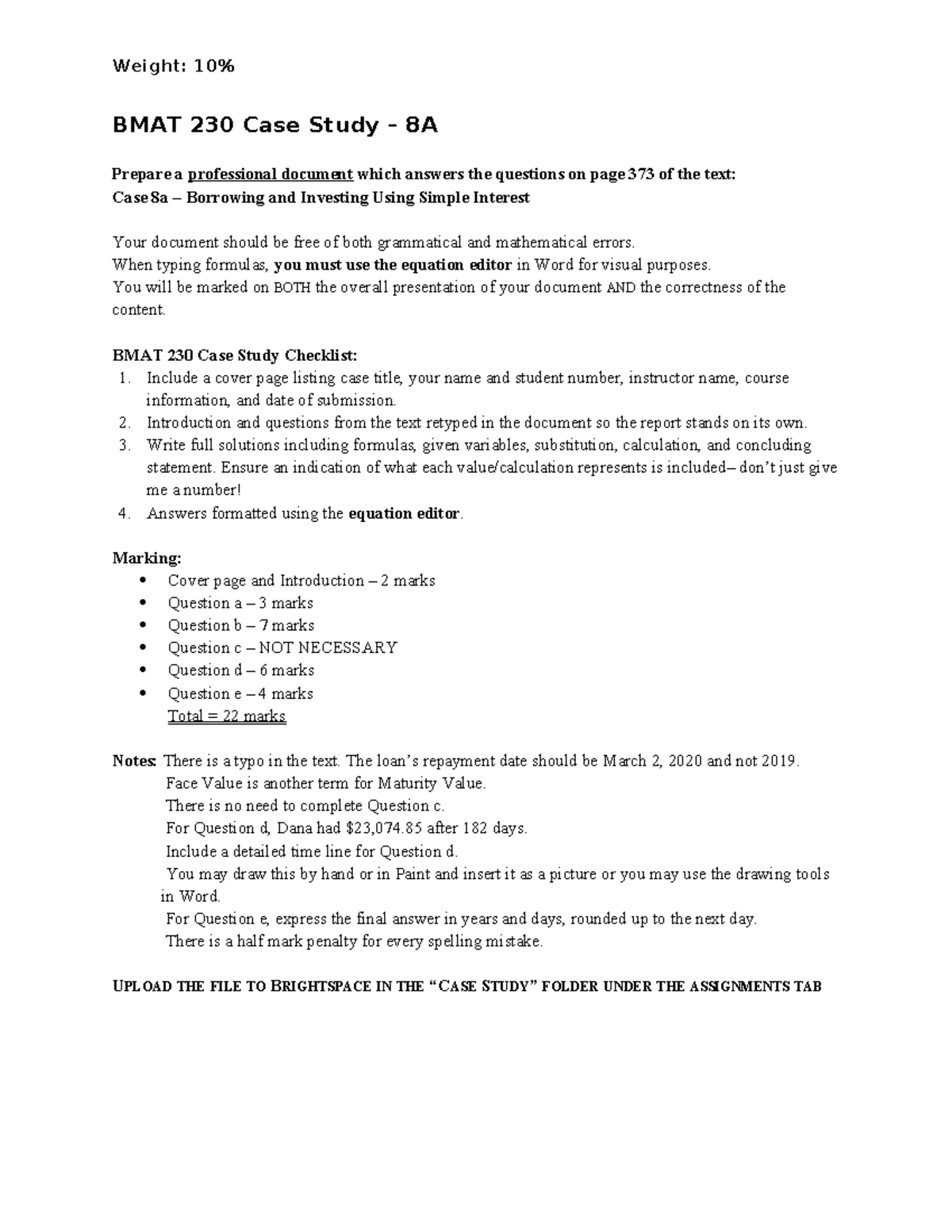 BMAT 230 Case Study 8A: Borrowing & Investing with Simple Interest ...