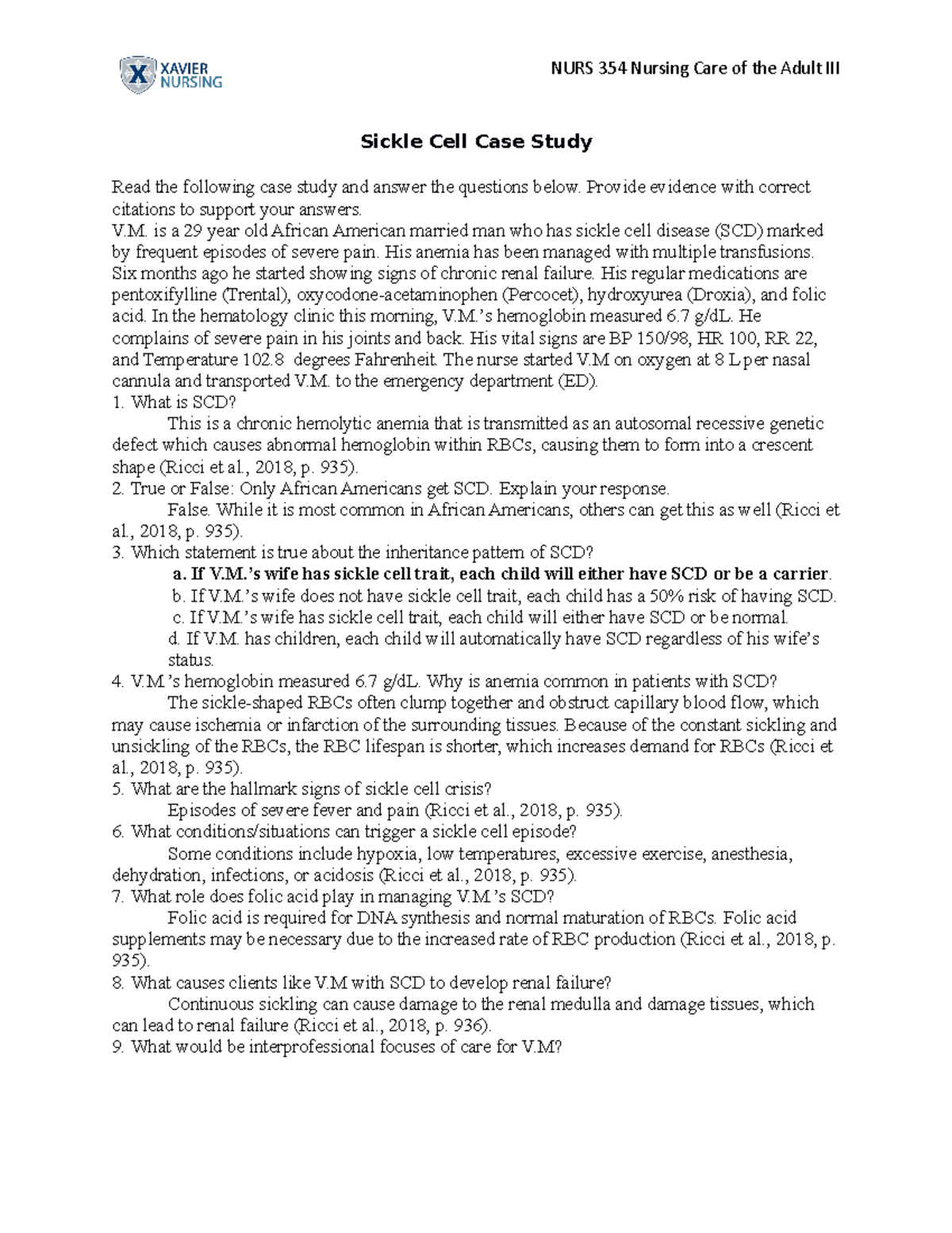 NURS 354 Final Exam: Sickle Cell Case Study Analysis - Studocu