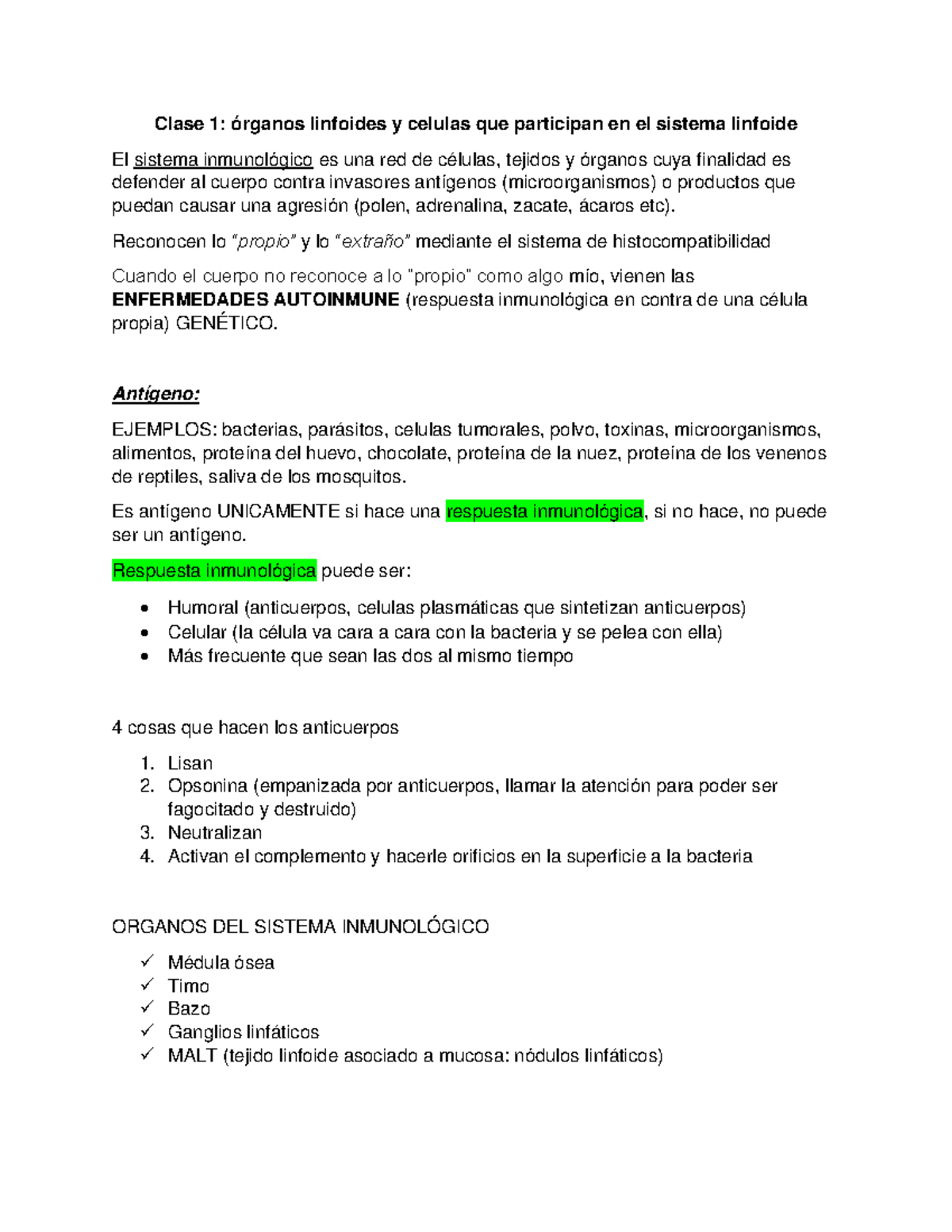 Resumen Clase 1P - Sistema Linfoide y Respuesta Inmunológica - Studocu