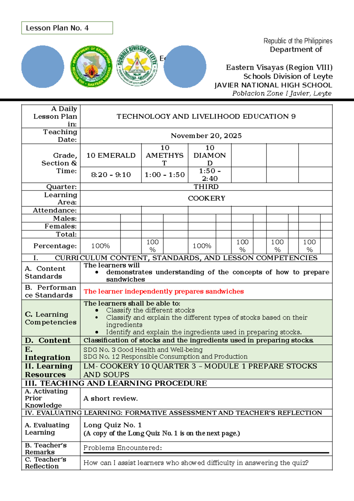 Lesson Plan No. 4: Cookery 10 - Preparing Stocks and Soups - Studocu