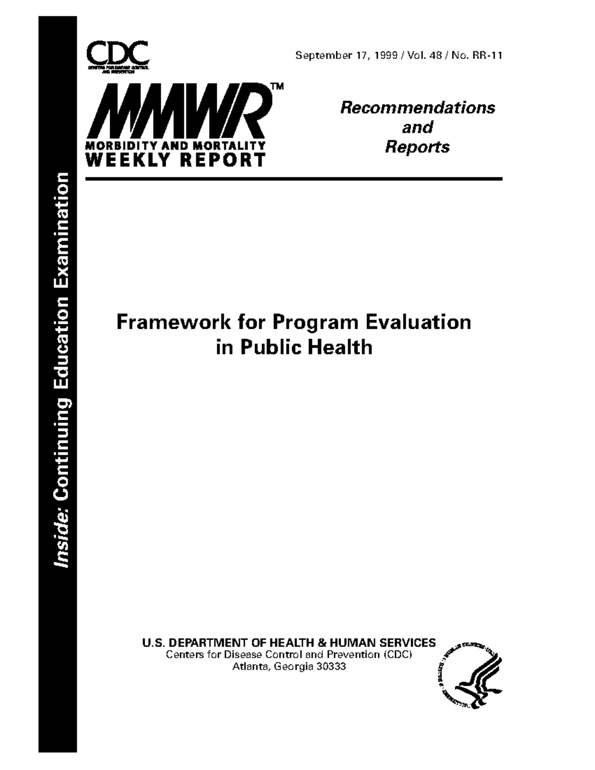 Cdc Evaluation Framework Inside Continuing Education Examination September 17 1999 Vol 48
