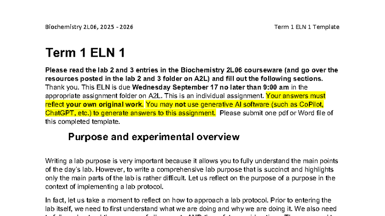 Biochemistry 2L06 Term 1 ELN 1 Template: Lab Purpose & Protocols - Studocu
