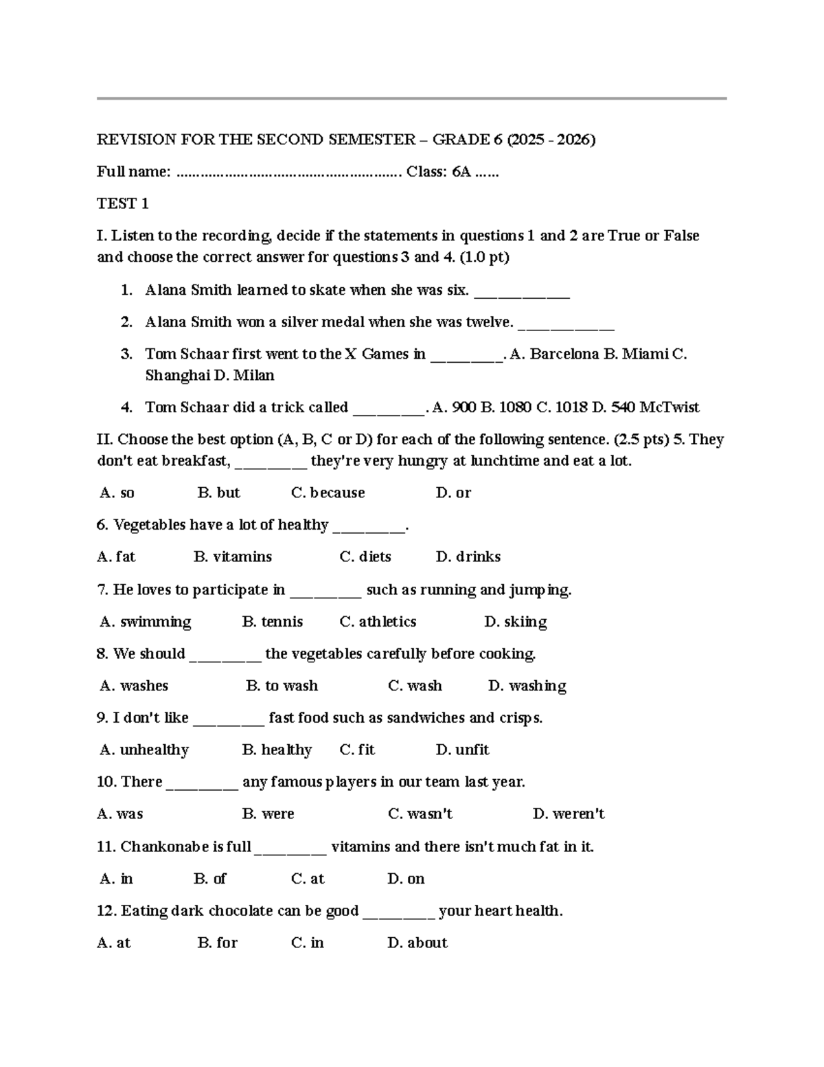 Revision for the Second Semester Grade 6 (2025-2026) Test Preparation ...