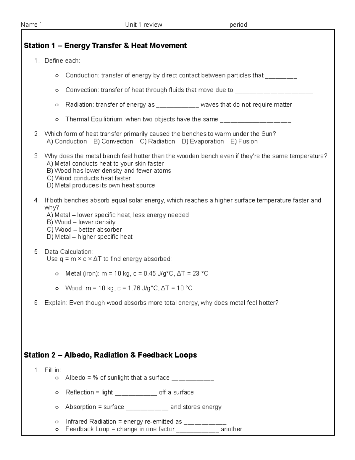 Unit 1 Review: Energy Transfer & Heat Movement F25 - Studocu