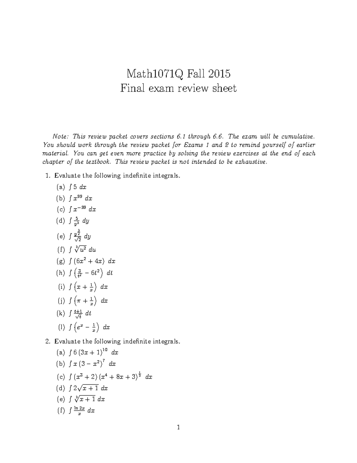 Final exam review sheet - questions and handwritten answers - Math1071Q ...