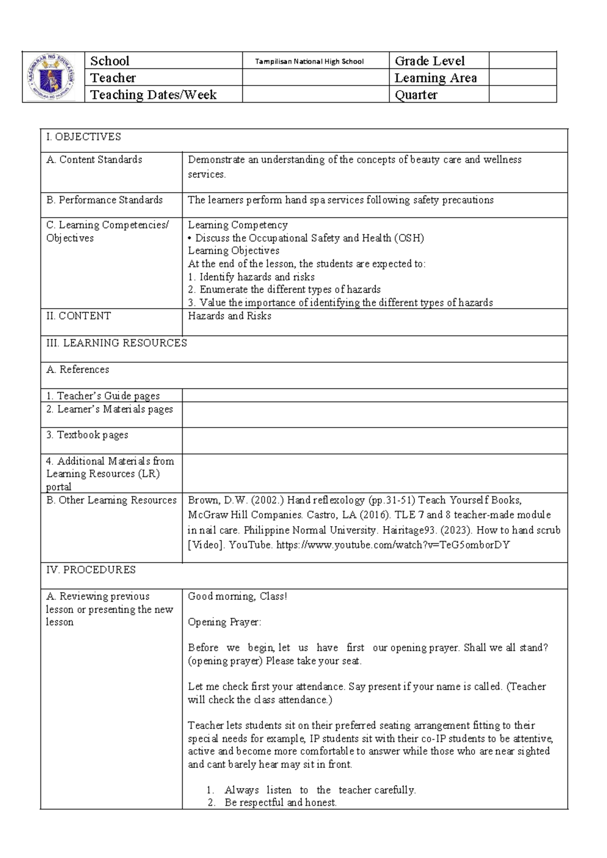 Hazard DLP for Classroom Observation: Beauty Care & Safety Standards ...