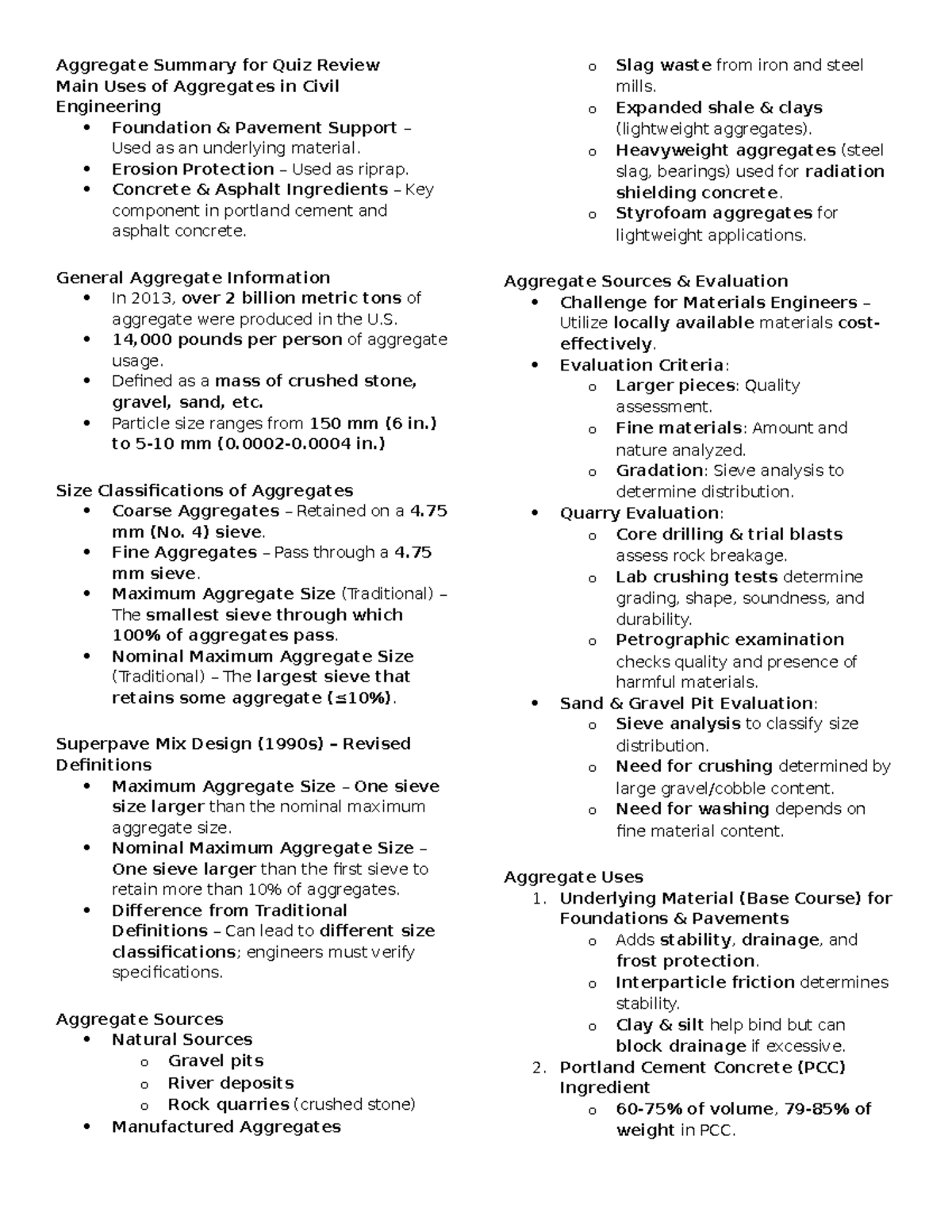 Aggregate Summary for Quiz Review: Key Uses in Civil Engineering - Studocu