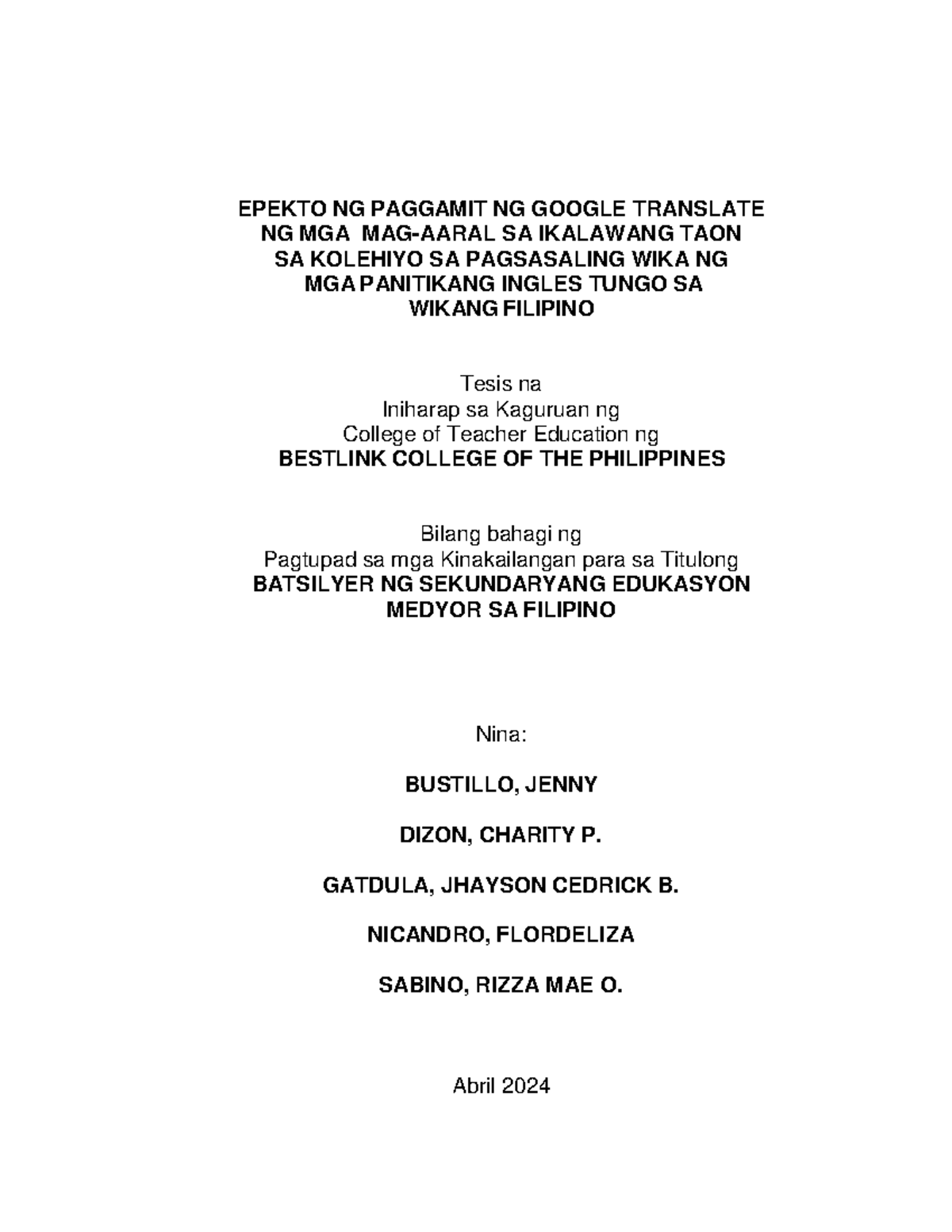 EPEKTO NG GOOGLE TRANSLATE SA PAGSASALING WIKA | BSED FILIPINO - Studocu