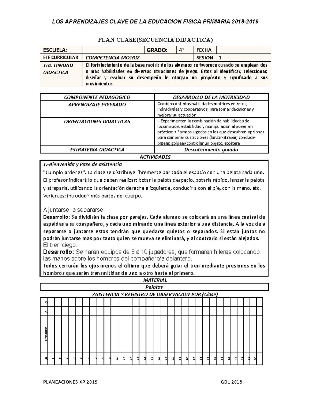 Planes de Clase Didáctica: Motricidad Cuarto Grado 1RA Unidad - Studocu
