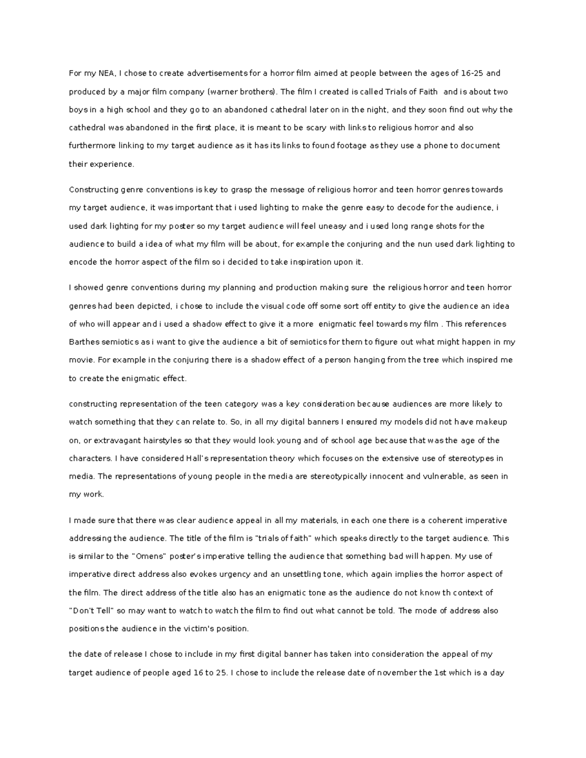 Reflective Analysis - yes lads alan reet - For my NEA, I chose to ...