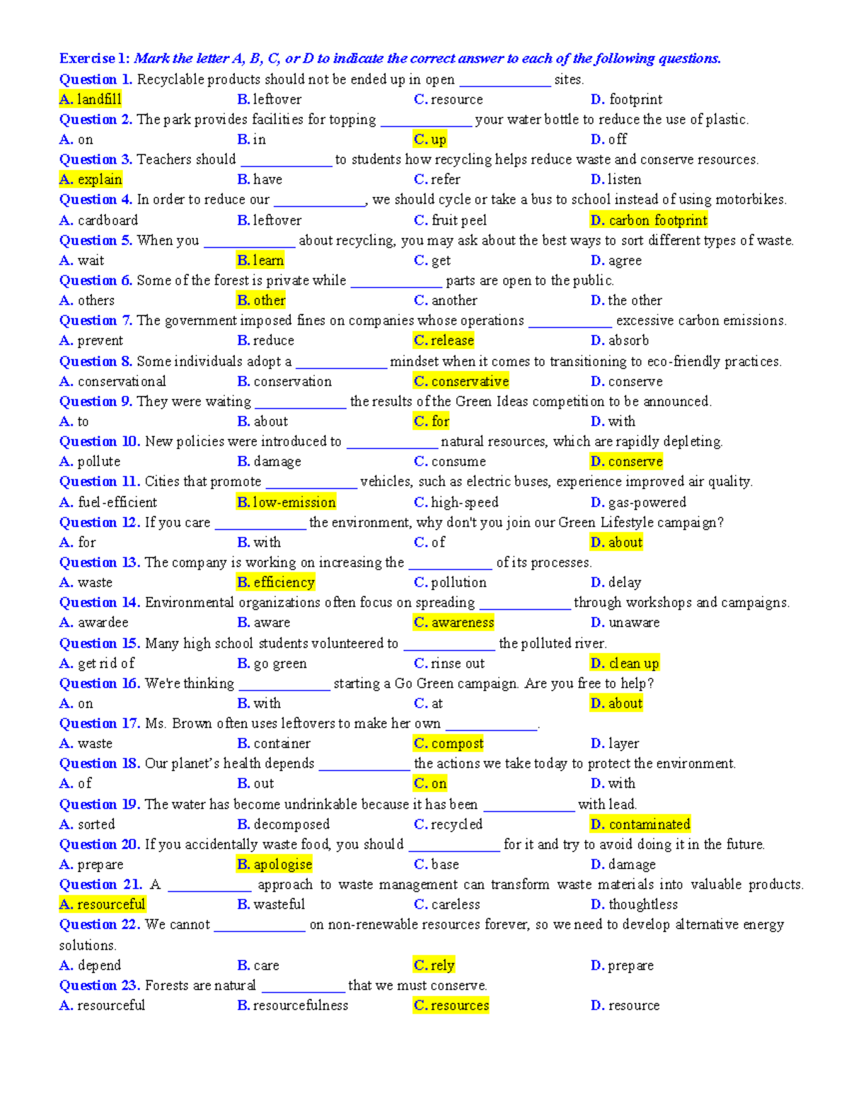 UNIT 3 - KEY: Environmental Awareness Quiz Answers - Studocu