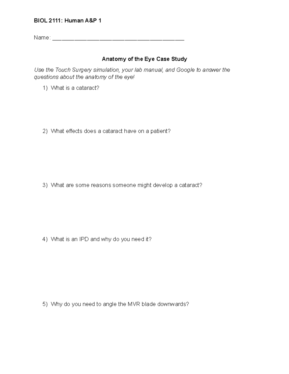 BIOL 2111: Anatomy of the Eye Case Study Activity Guide - Studocu