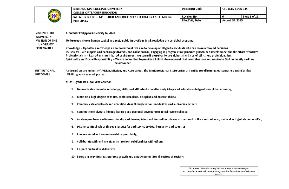 EDUC 145 Syllabus: Child & Adolescent Learners Learning Principles ...