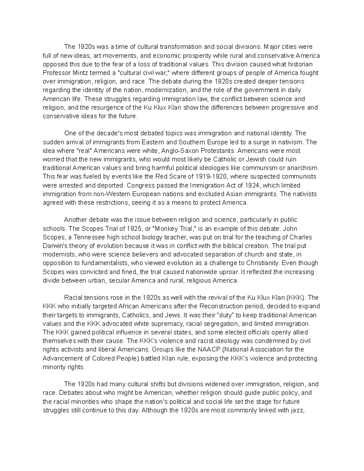 US History 1920s Essay: Cultural Divisions and Transformations - Studocu
