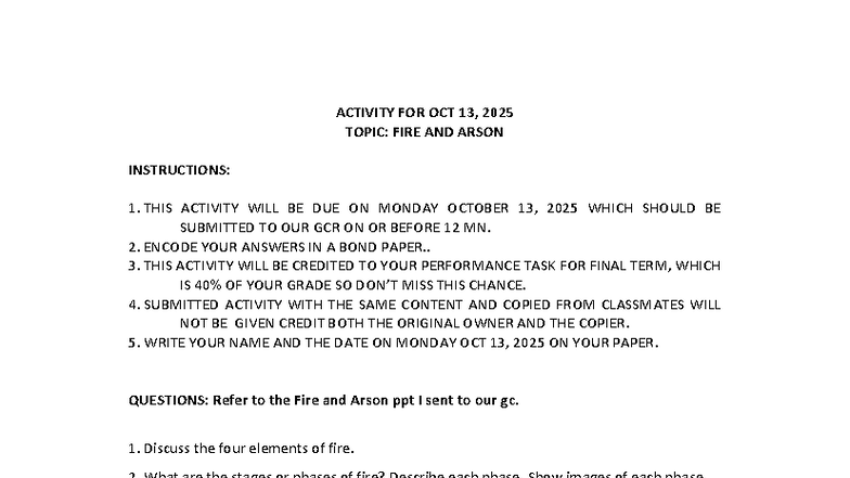 ACTIVITY: FIRE AND ARSON - DUE OCT 13, 2025 - Studocu