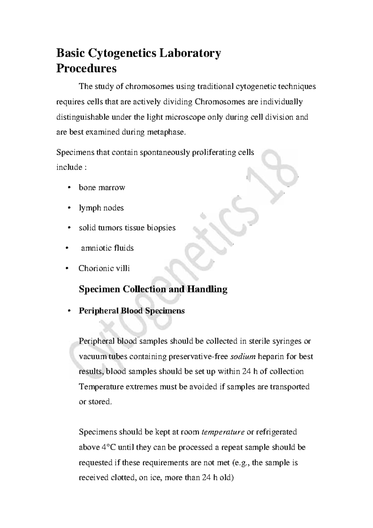 Basic Cytogenetics Laboratory Procedures - Basic Cytogenetics ...