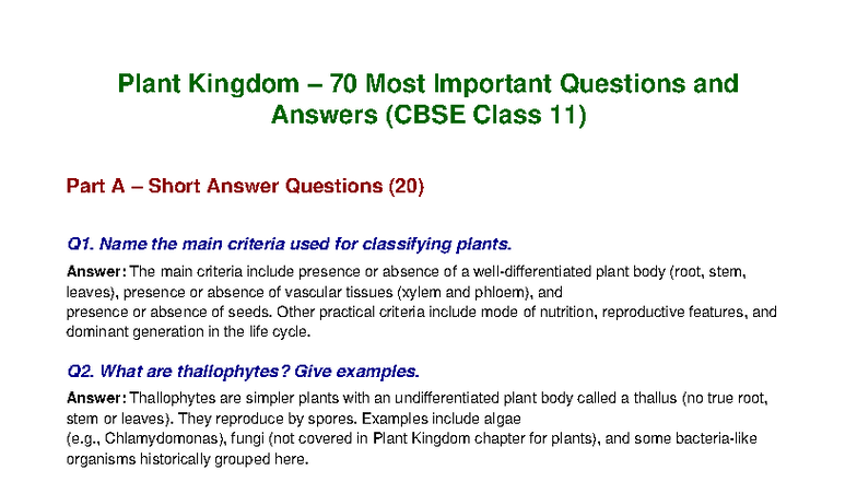 Plant Kingdom CBSE Class 11 Important Q&A for Exam Preparation - Studocu